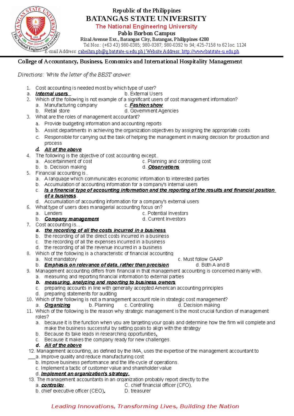 Quiz-2 - N/A - BATANGAS STATE UNIVERSITY The National Engineering ...