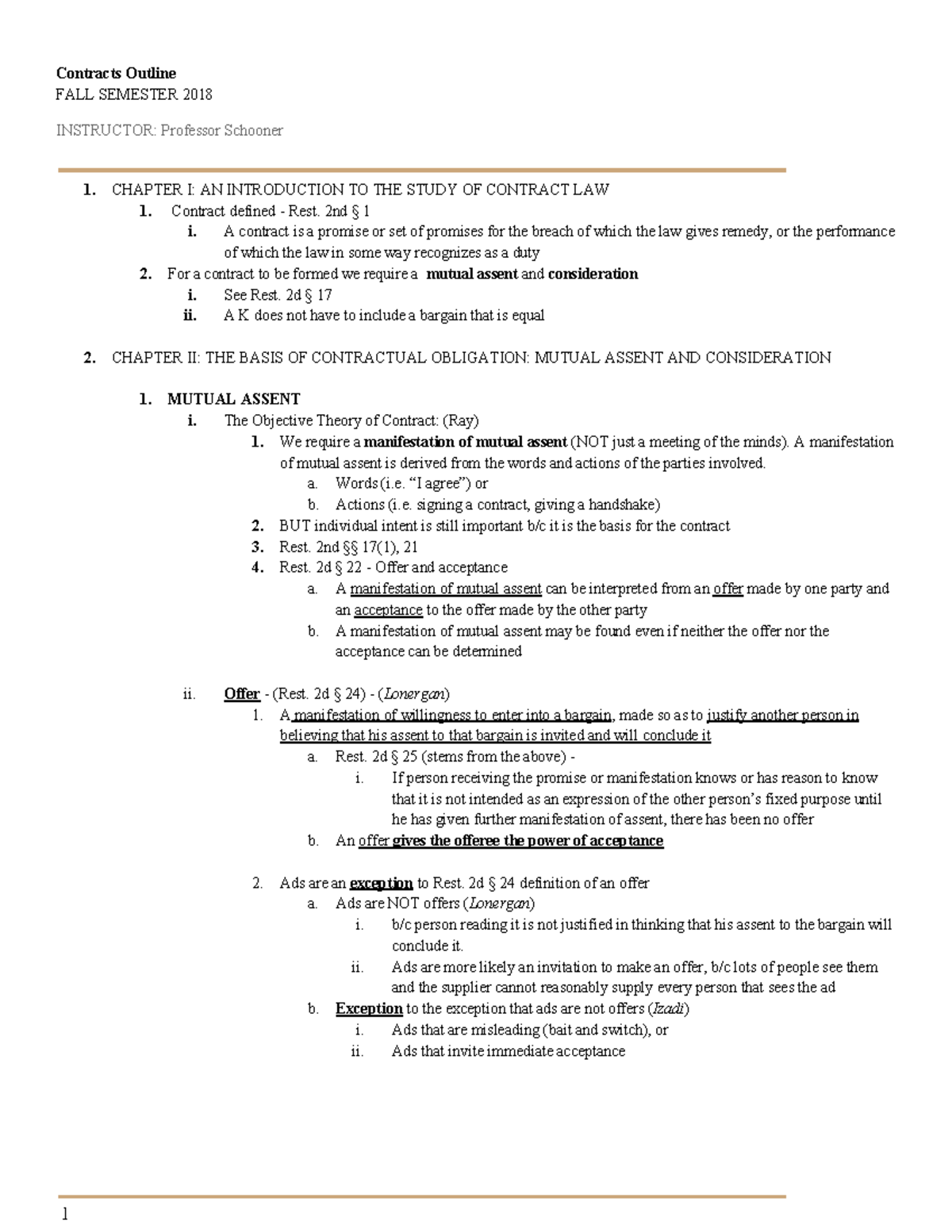 Outline Contracts - Schooner - Contracts Outline FALL SEMESTER 2018 ...