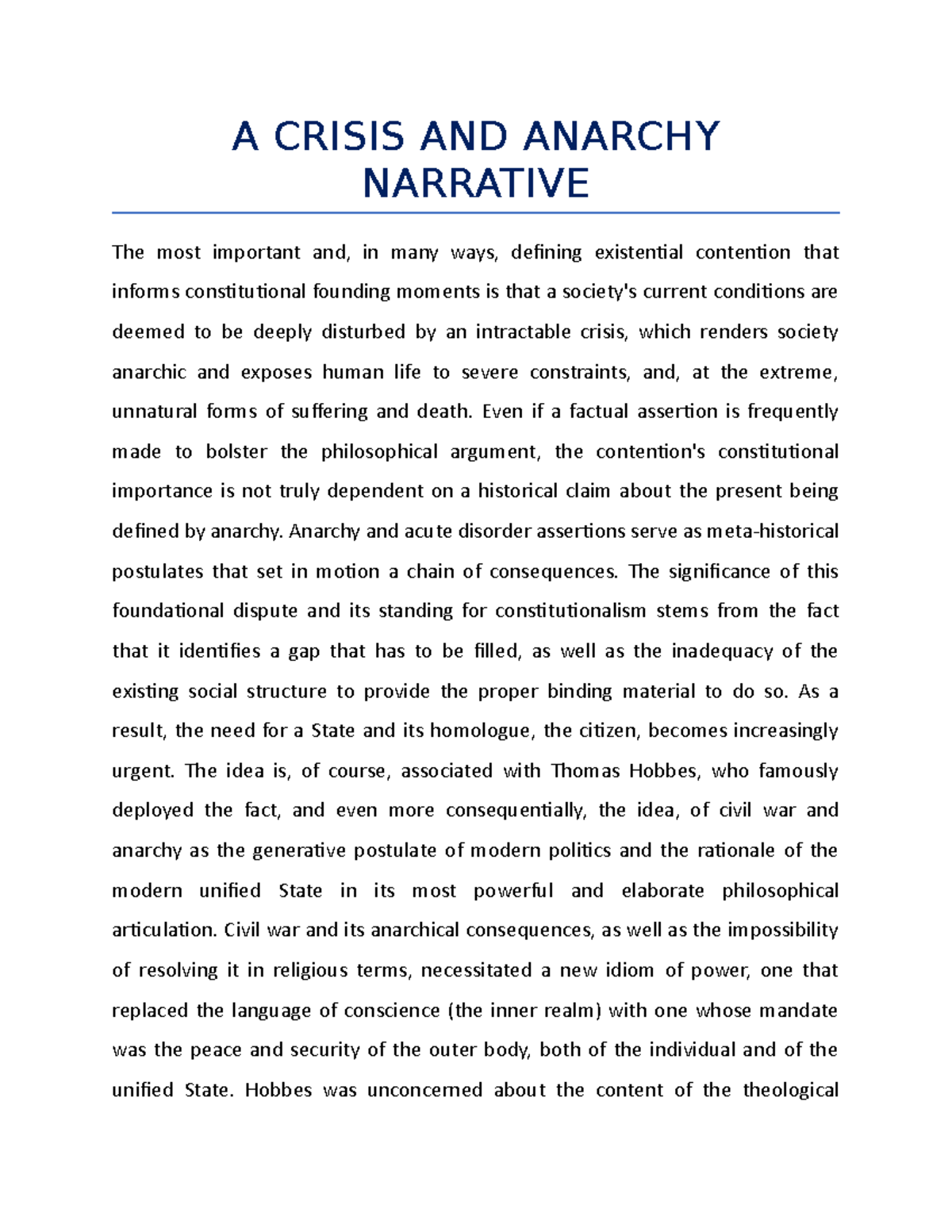 A Crisis AND Anarchy Narrative - A CRISIS AND ANARCHY NARRATIVE The ...