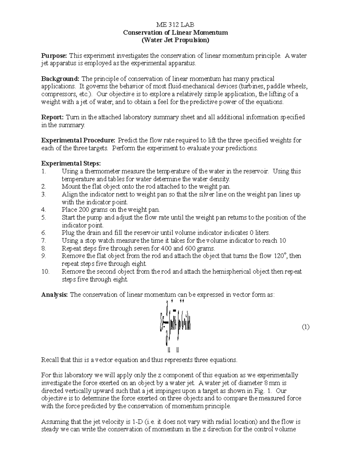 Lab2 Momentum Lab ME 312 LAB Conservation Of Linear Momentum Water lab2-momentum-lab-me-312-lab-conservation-of-linear-momentum-water