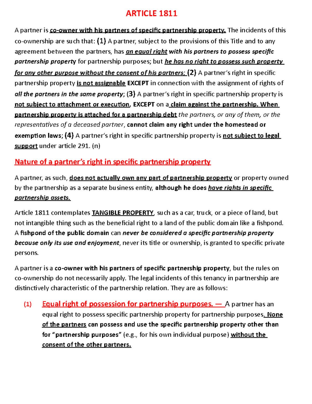 Article 1811 - ARTICLE 1811 A partner is co-owner with his partners of ...