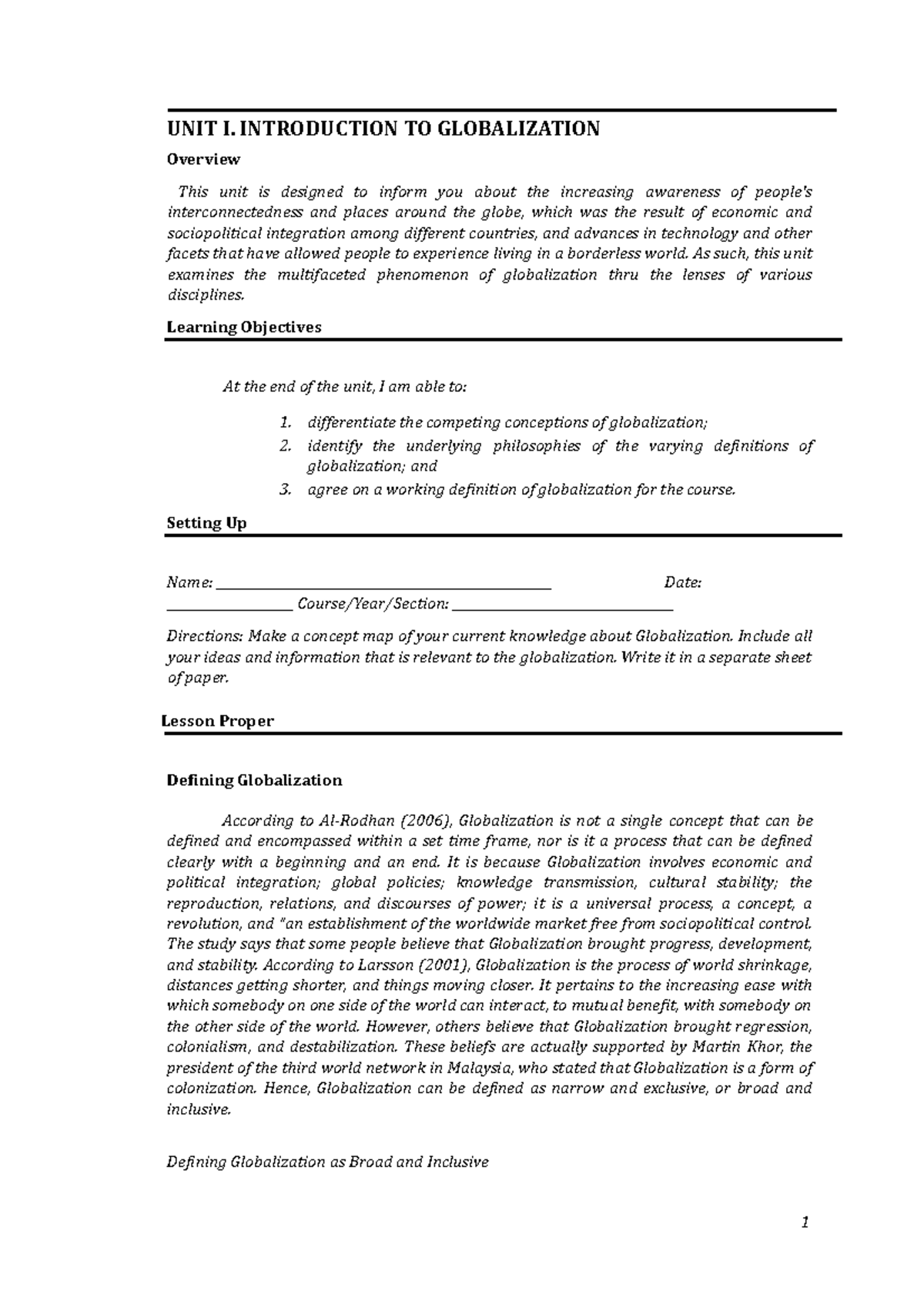 Module-FOR-GEN-ED-3 - MODULE - UNIT I. INTRODUCTION TO GLOBALIZATION Overview This unit is ...