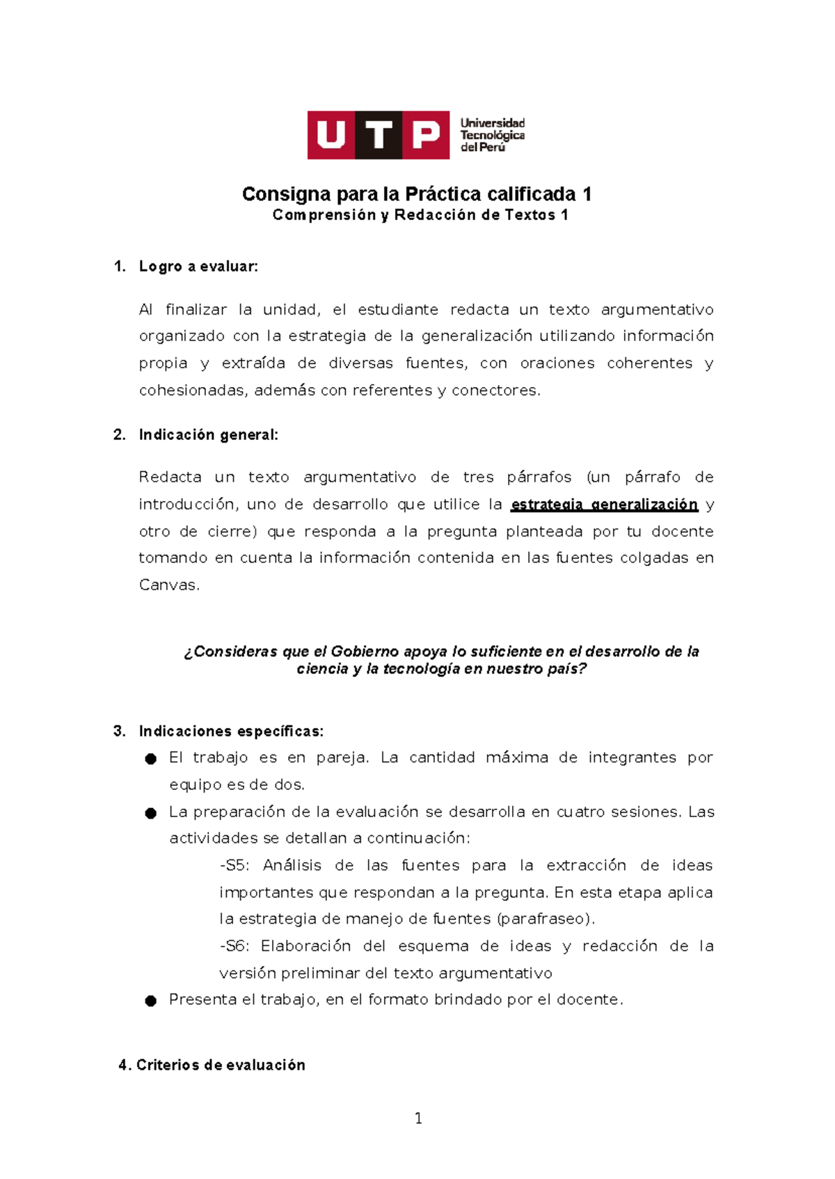 U2 GC N01I PC1Consigna 23C1M - Consigna para la Práctica calificada 1 Comprensión y Redacción de ...
