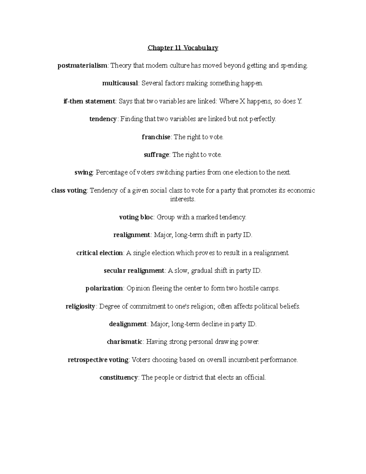 Chapter 11 Vocabulary - Chapter 11 Vocabulary postmaterialism: Theory ...