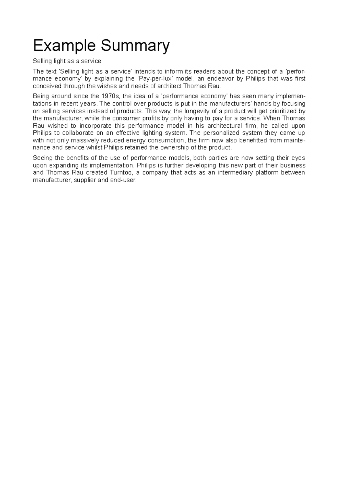 Example answer - summary text - Example Summary Selling light as a ...