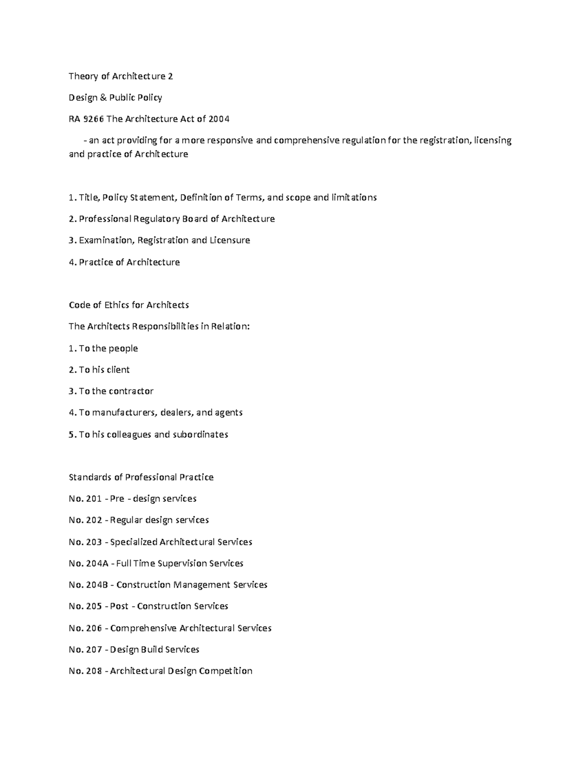 Theory of Architecture 2 - 201 - Pre - design services No. 202 ...