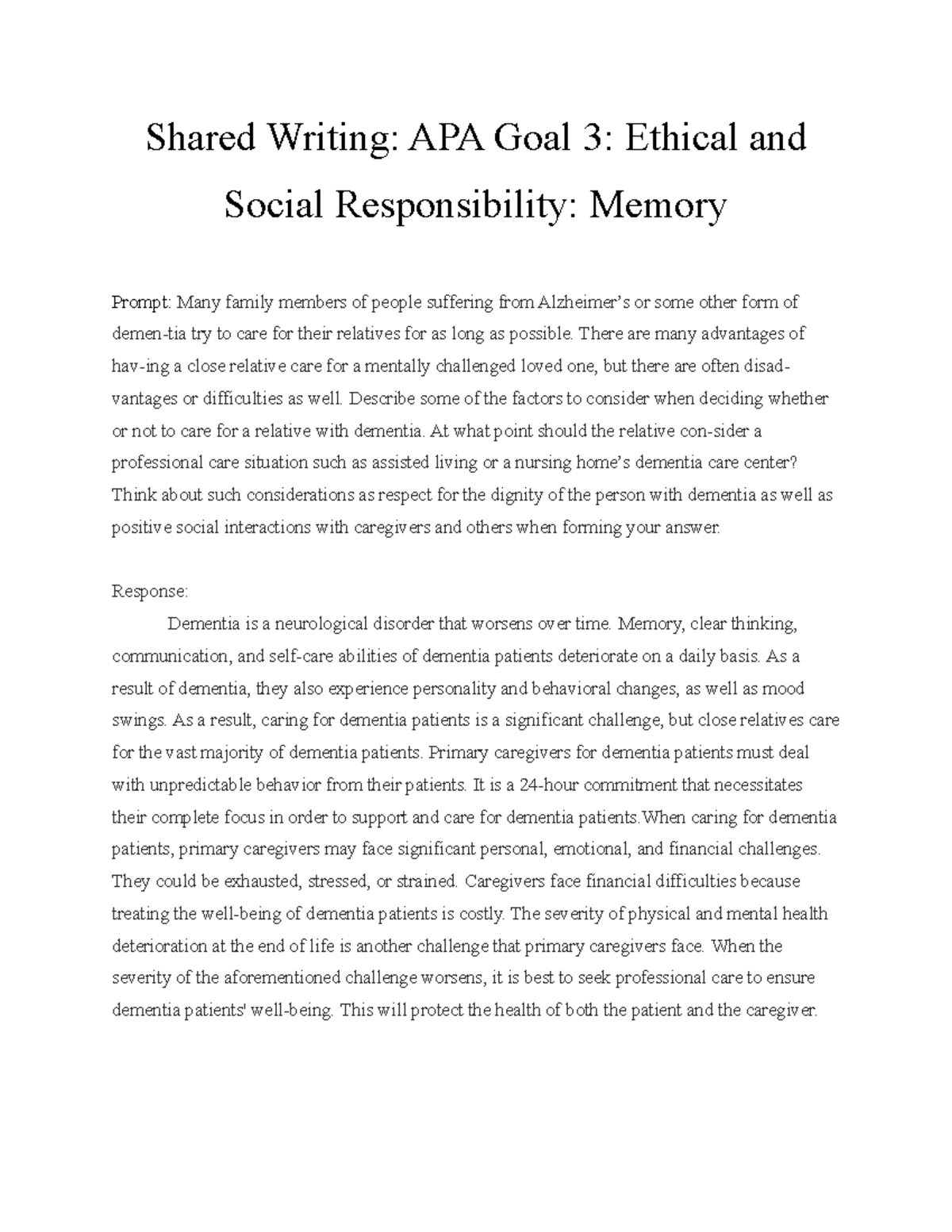 Shared Writing APA Goal 3 Ethical and Social Responsibility Memory ...