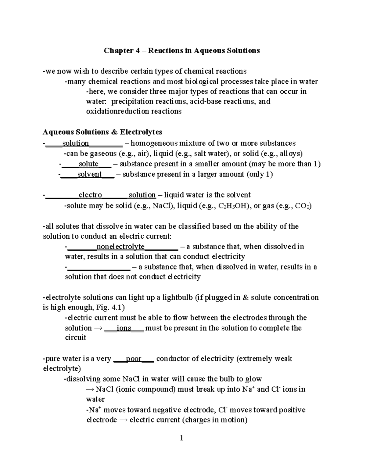 150 ch4 notes student - Chapter 4 – Reactions in Aqueous Solutions -we ...
