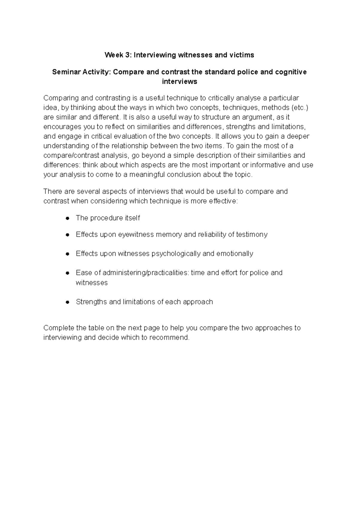 Seminar 3 Comparing interview techniques - Week 3: Interviewing ...