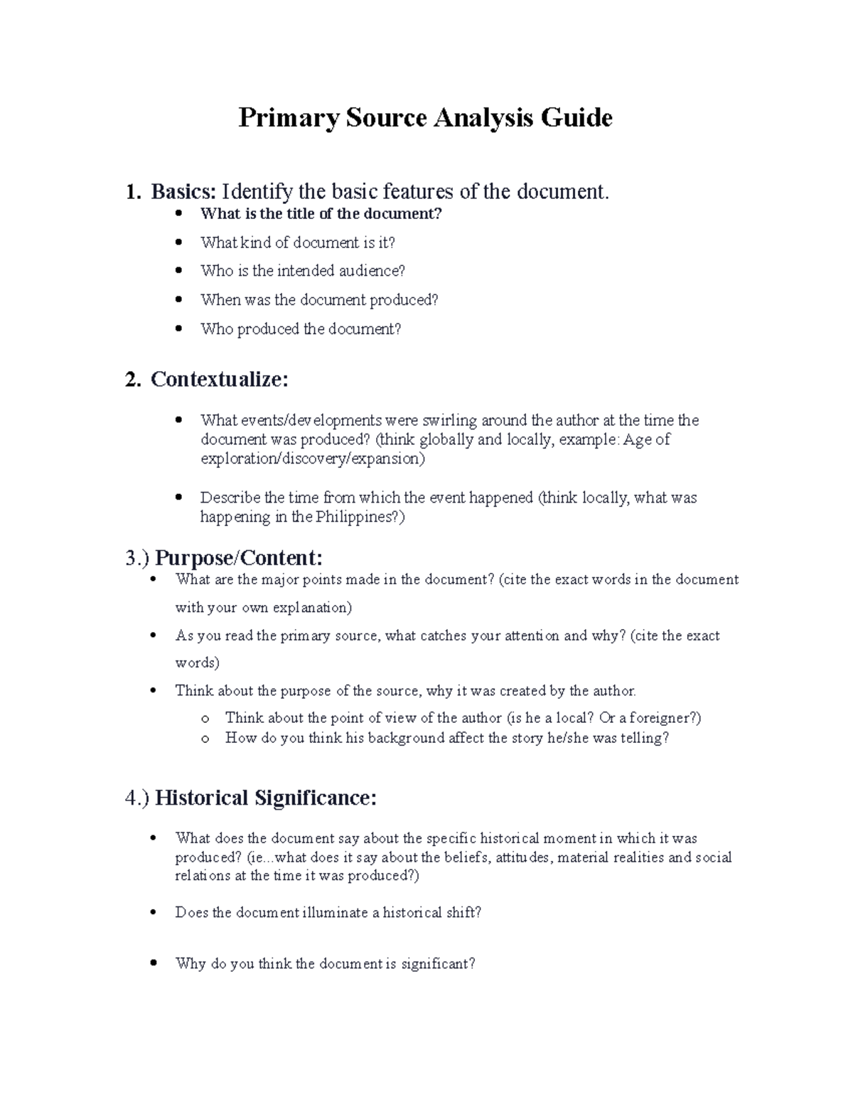 Primary Source Analysis Guide - Basics: Identify the basic features of ...