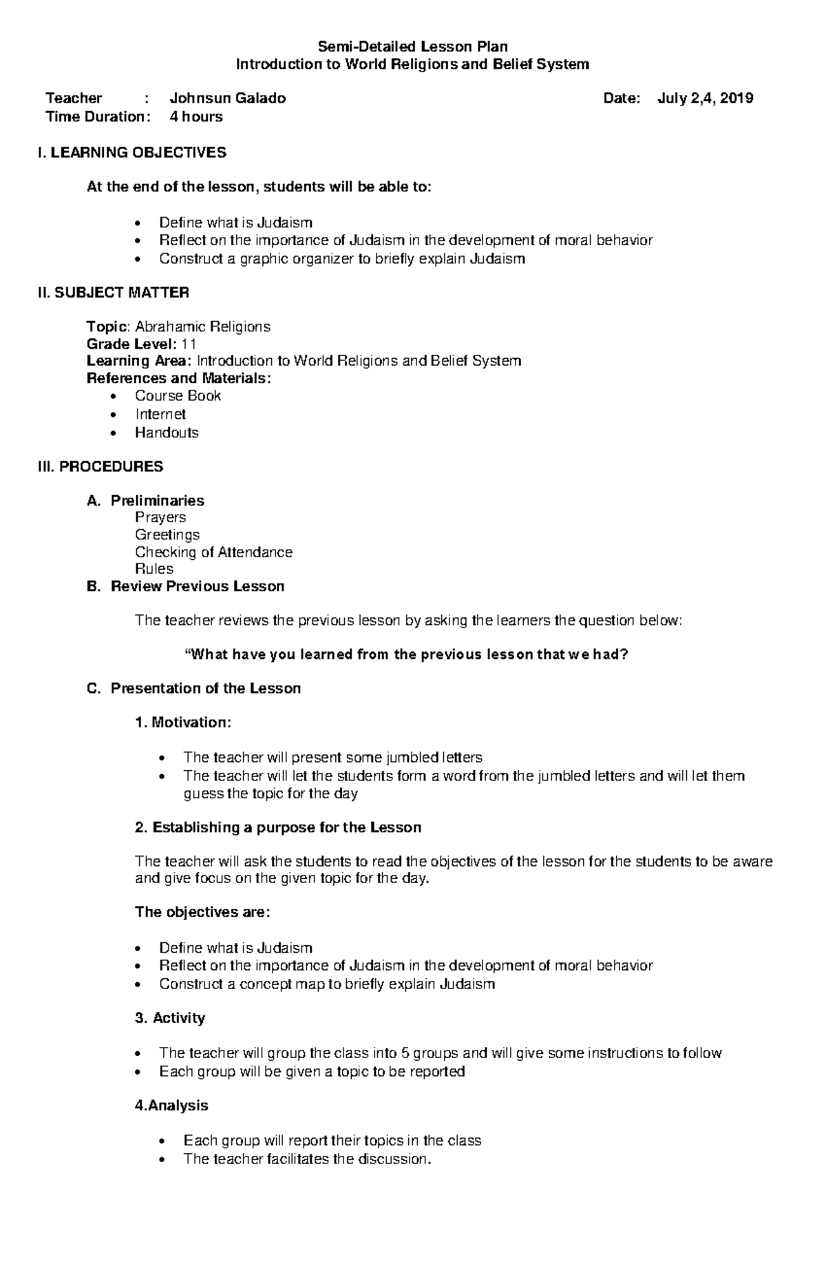 Lp-for-religion-judaism compress - Semi-Detailed Lesson Plan ...