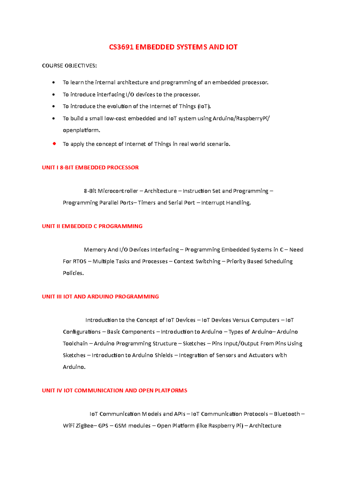 1 IOT-syllabus - CS3691 EMBEDDED SYSTEMS AND IOT COURSE OBJECTIVES: To learn the internal - Studocu