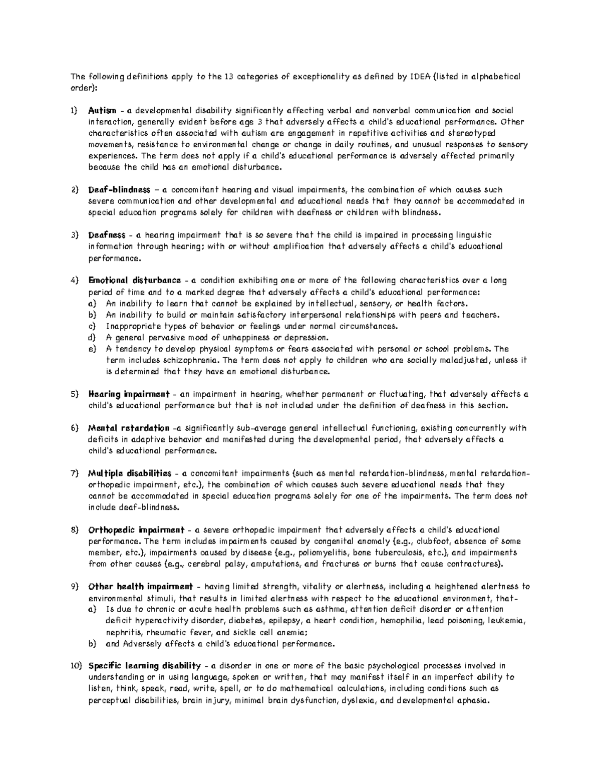 13 categories of exceptionality as defined by IDEA-1 - Other ...