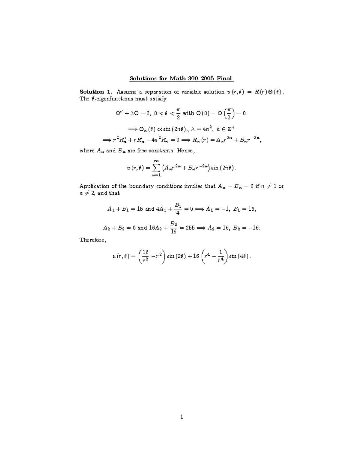 Final last year solutions - Solutions for Math 300 2005 Final Solution ...