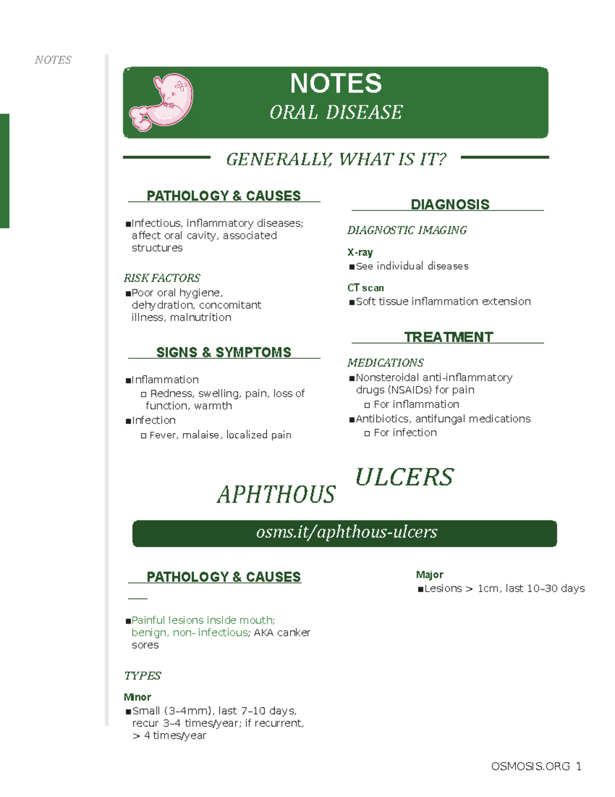 Oral disease - ####### OSMOSIS 1 NOTES ORAL DISEASE osms/aphthous ...