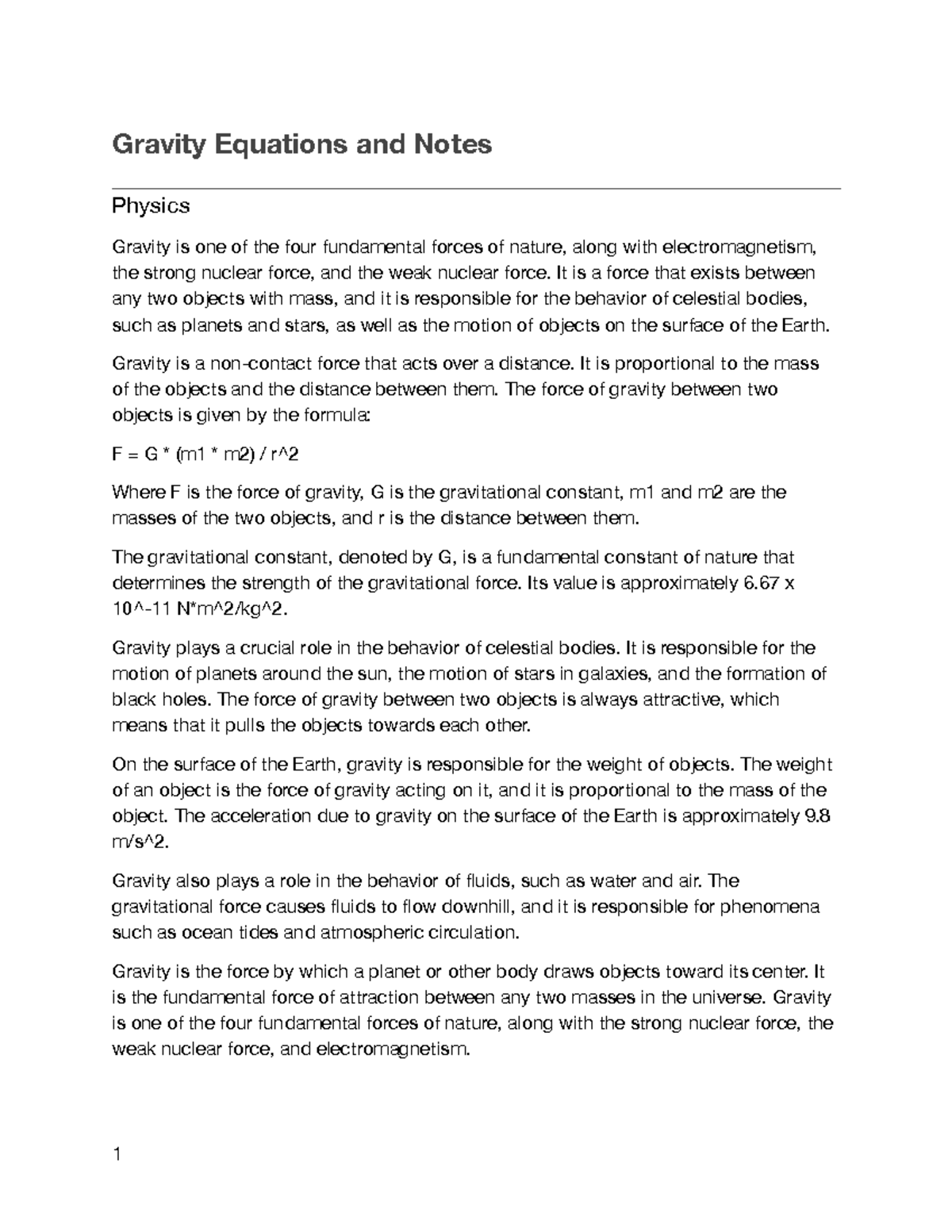 Gravity Equations and Notes Physics - Studocu