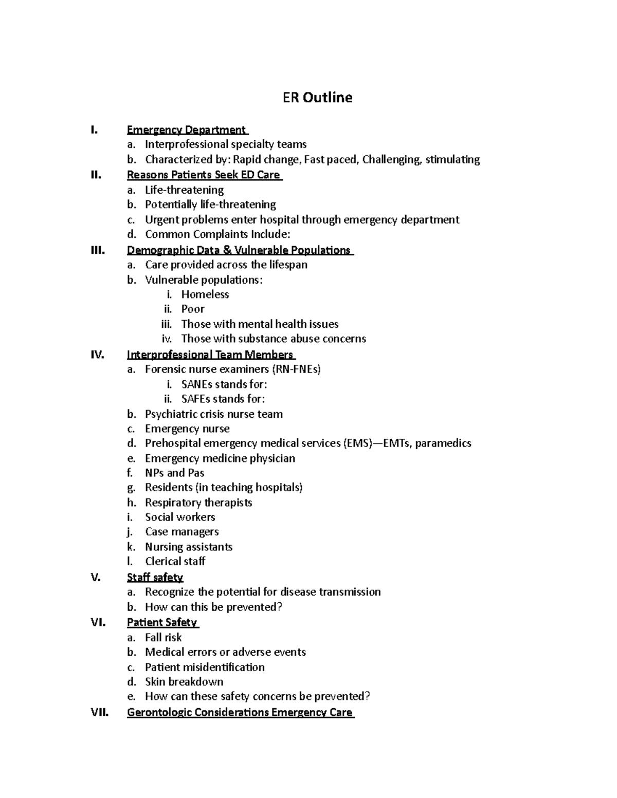 ER, Triage, Trauma Outline - ER Outline I. Emergency Department a ...