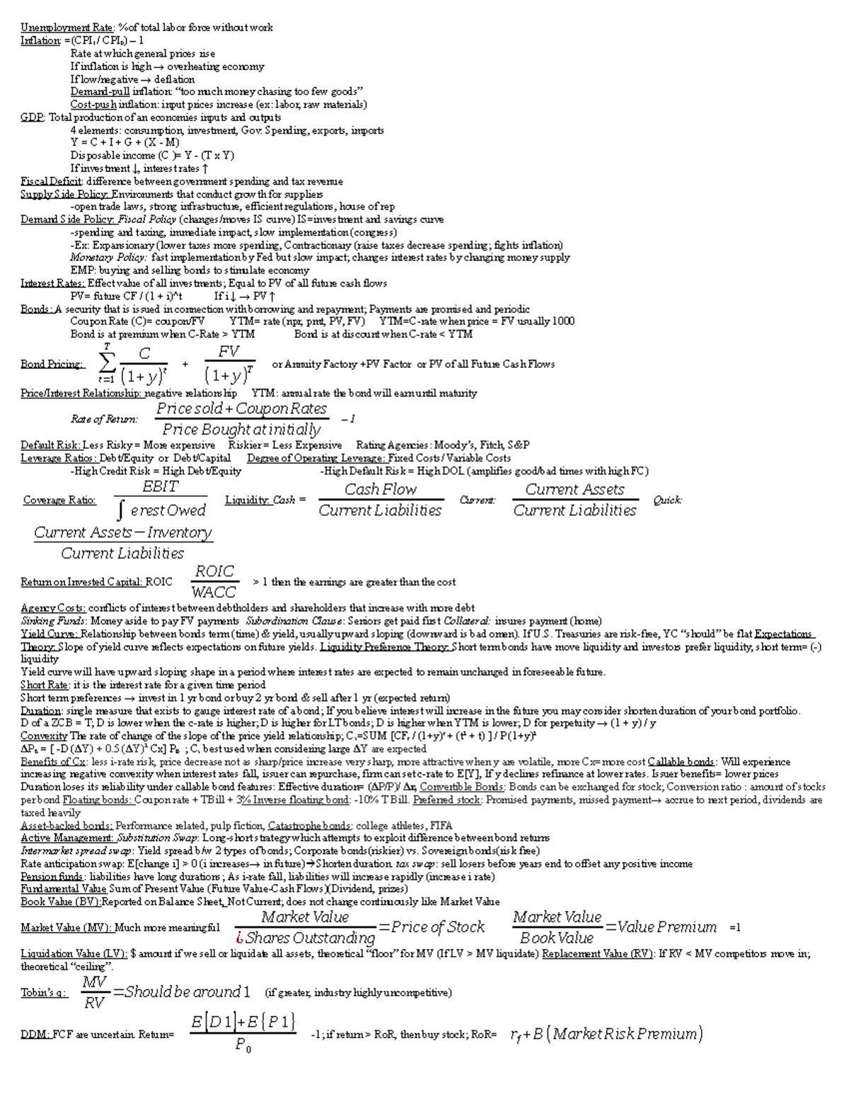 FIN 401 Final Exam study sheet - Unemployment Rate: total labor force without work Inflation ...