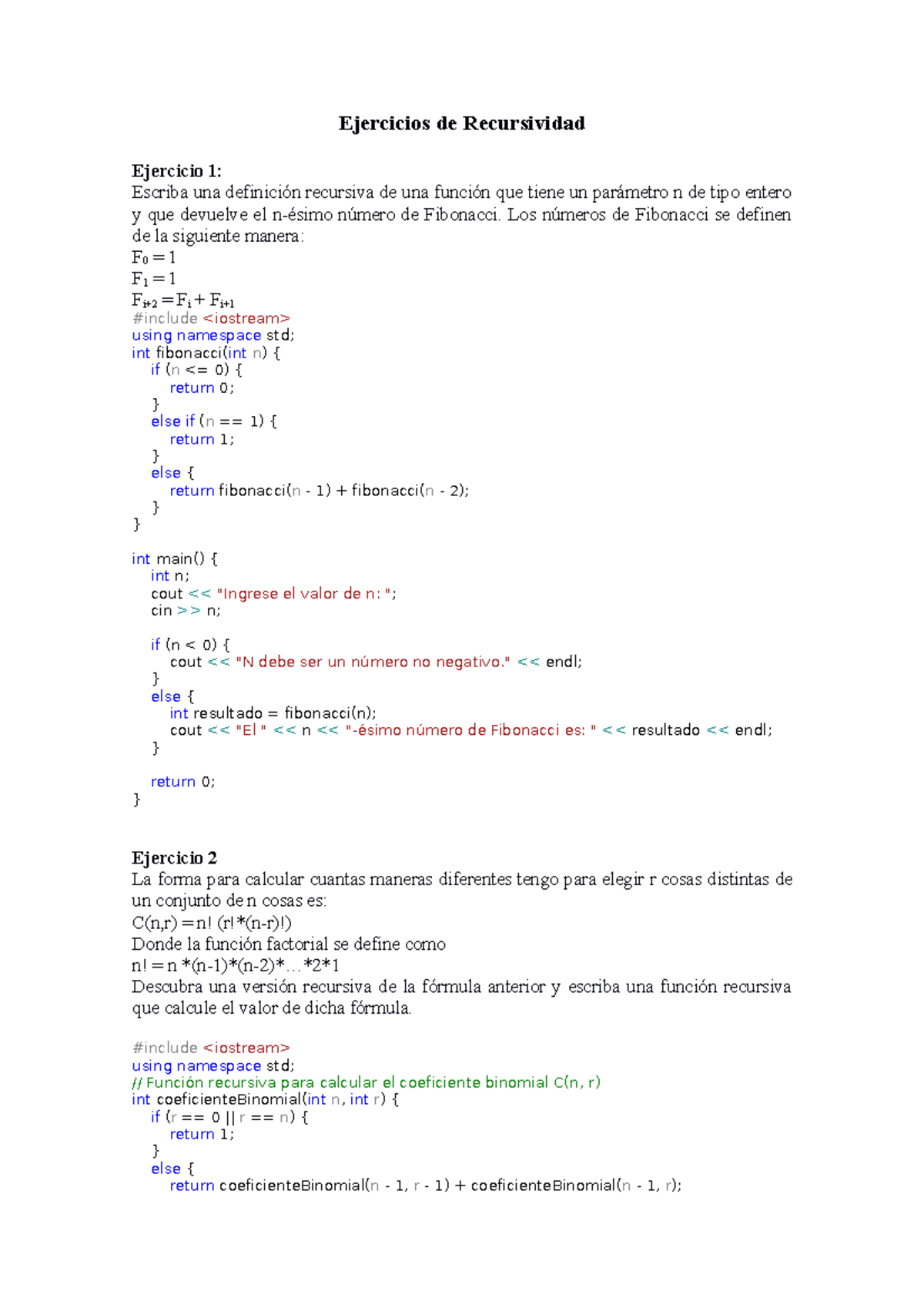 Recursividad - rtyuio - Ejercicios de Recursividad Ejercicio 1: Escriba ...