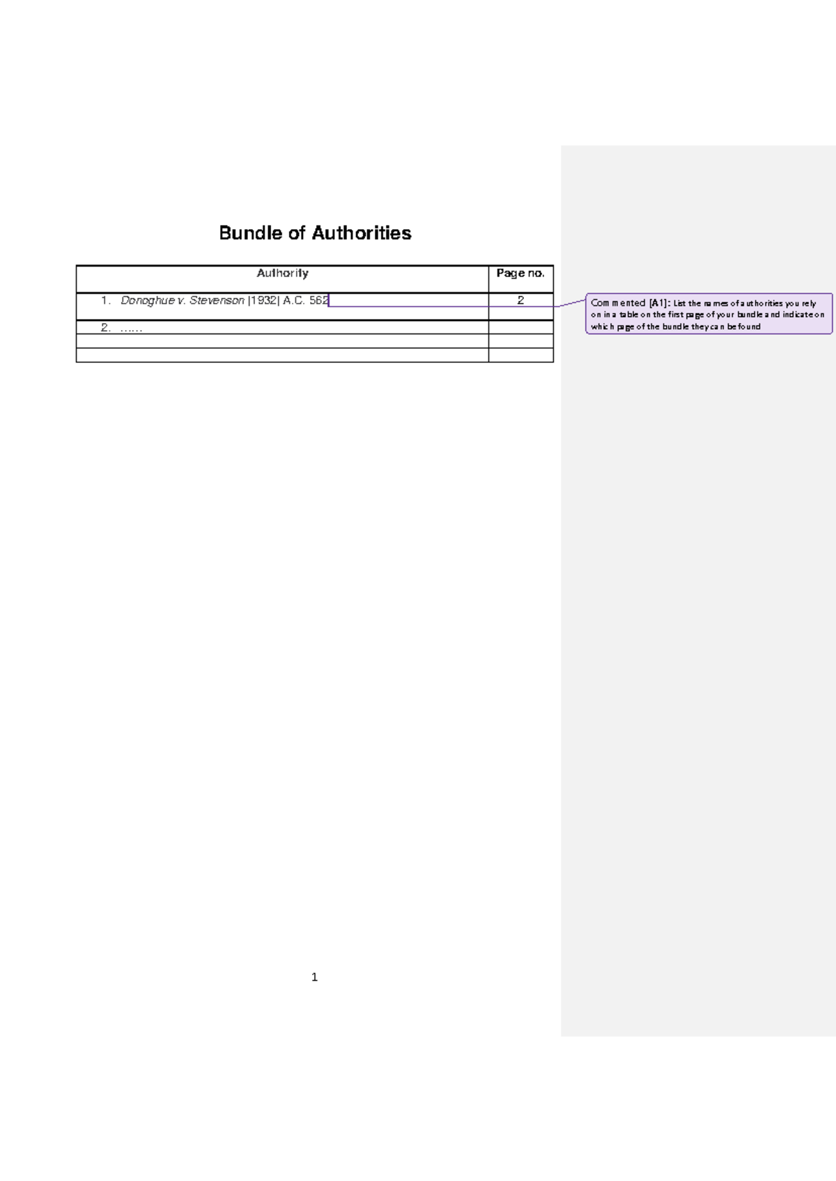 Example of index and case - 1 Bundle of Authorities Authority Page no ...