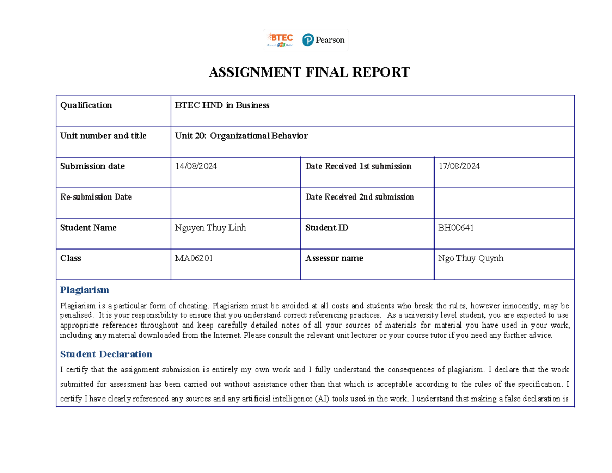 5064 Organizational Behaviour - ASSIGNMENT FINAL REPORT Qualification BTEC HND in Business Unit ...