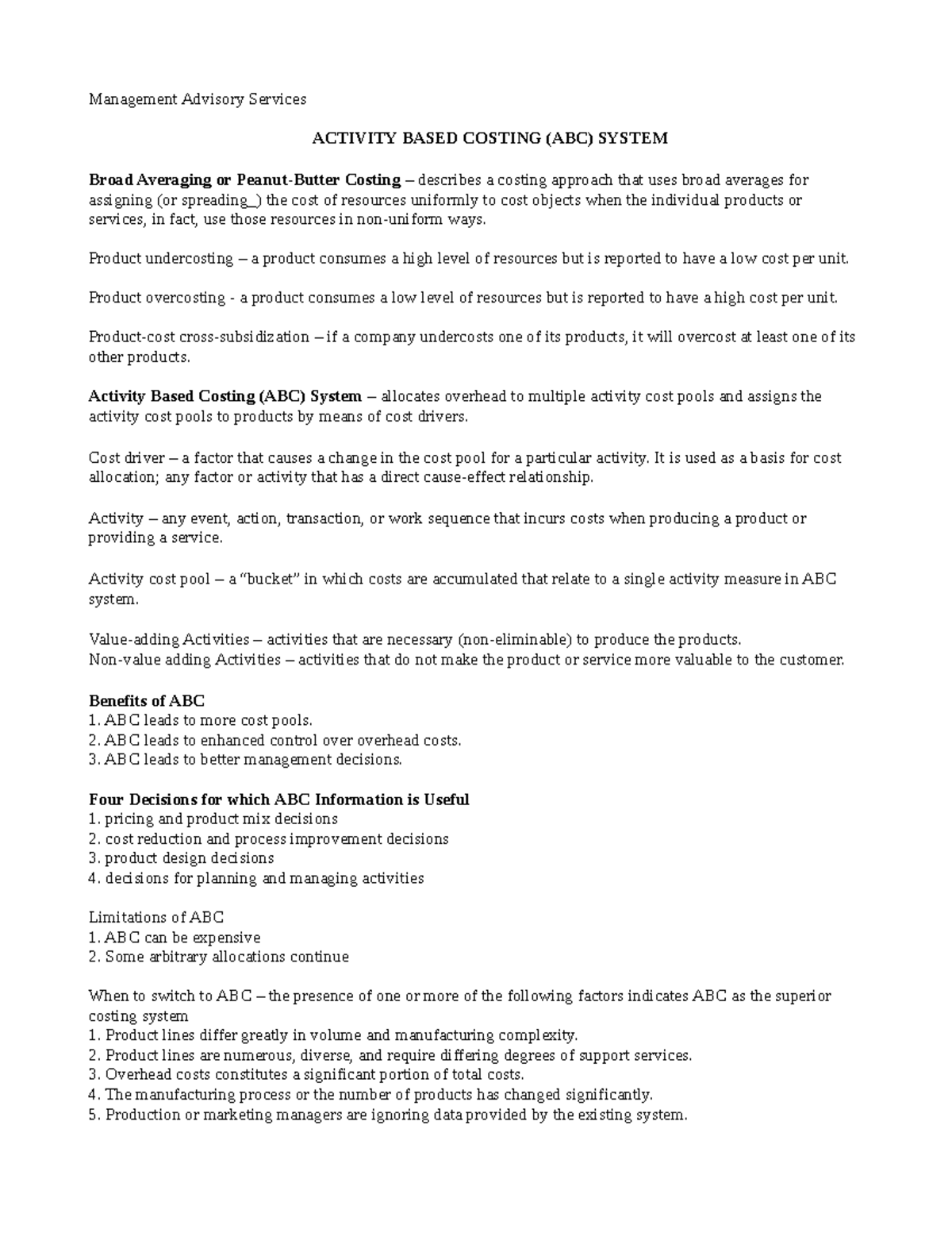 MAS 04 ABC System - ABC - Management Advisory Services ACTIVITY BASED ...