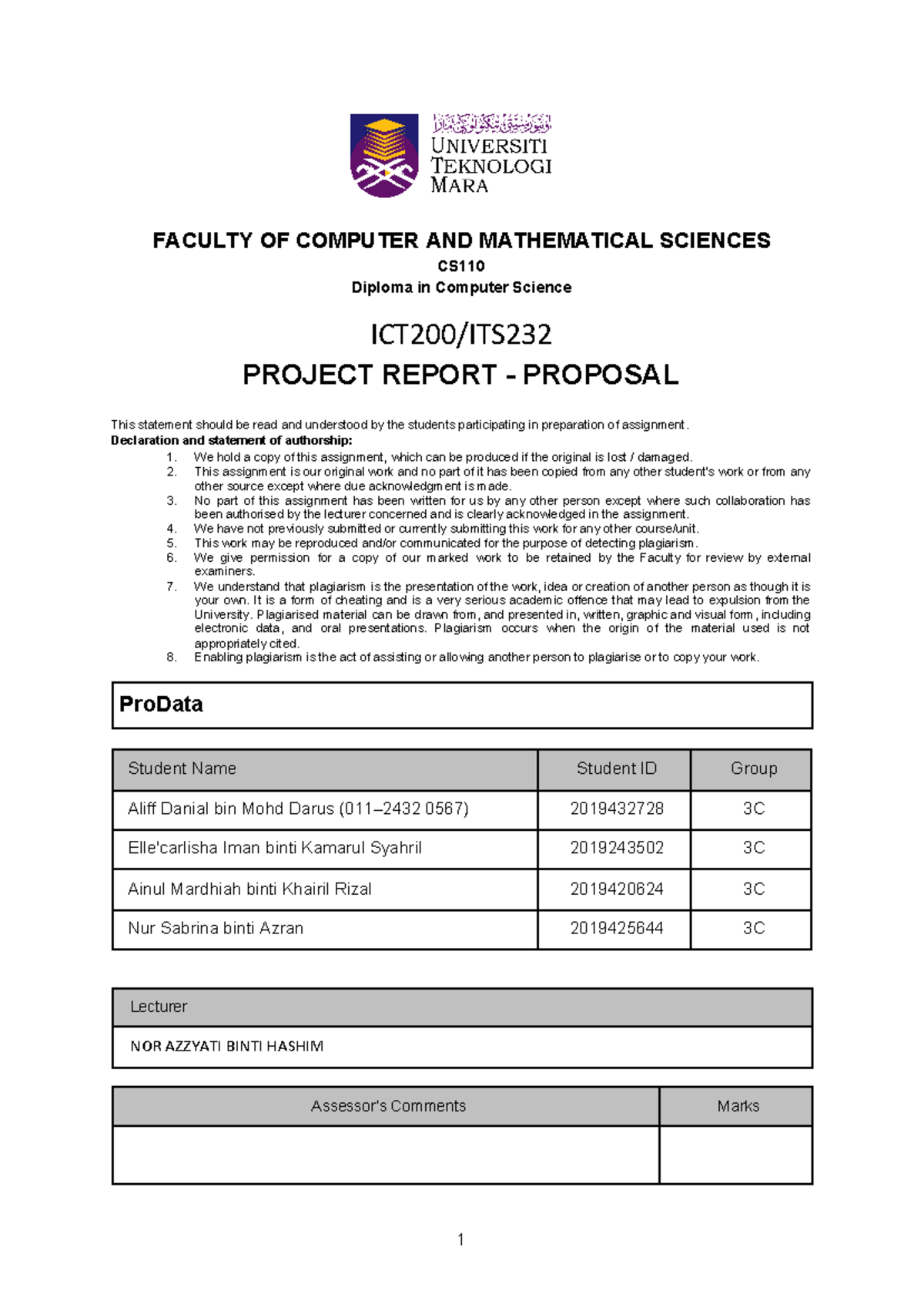 ICT200 Proposal - This statement should be read and understood by the ...