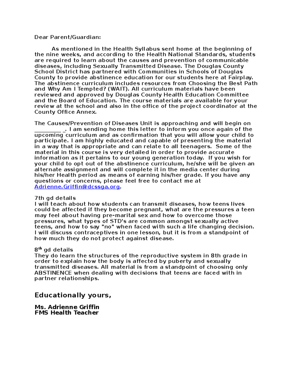 Abstinence contract letter - Dear Parent/Guardian: As mentioned in the ...