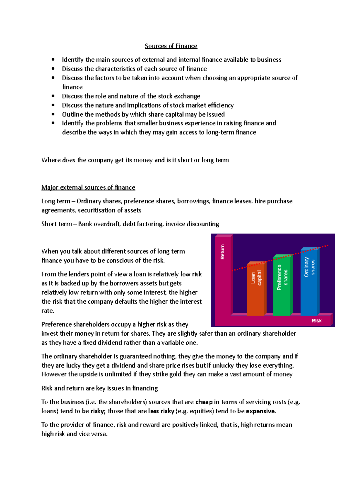 Notes on Lecture 9 - Sources of finance - Sources of Finance Identify ...
