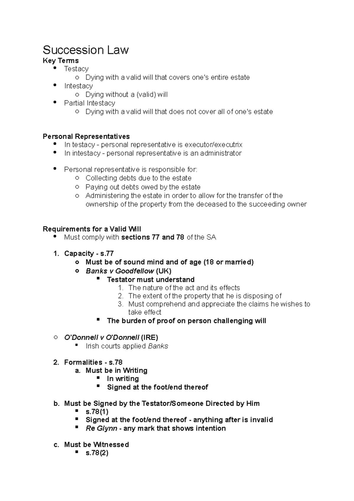 Succession Law - Succession Law Key Terms Testacy o Dying with a valid ...