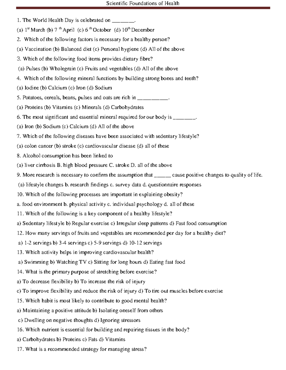 SFH 23-24 only Mcqs for quiz 3rd IA - The World Health Day is ...