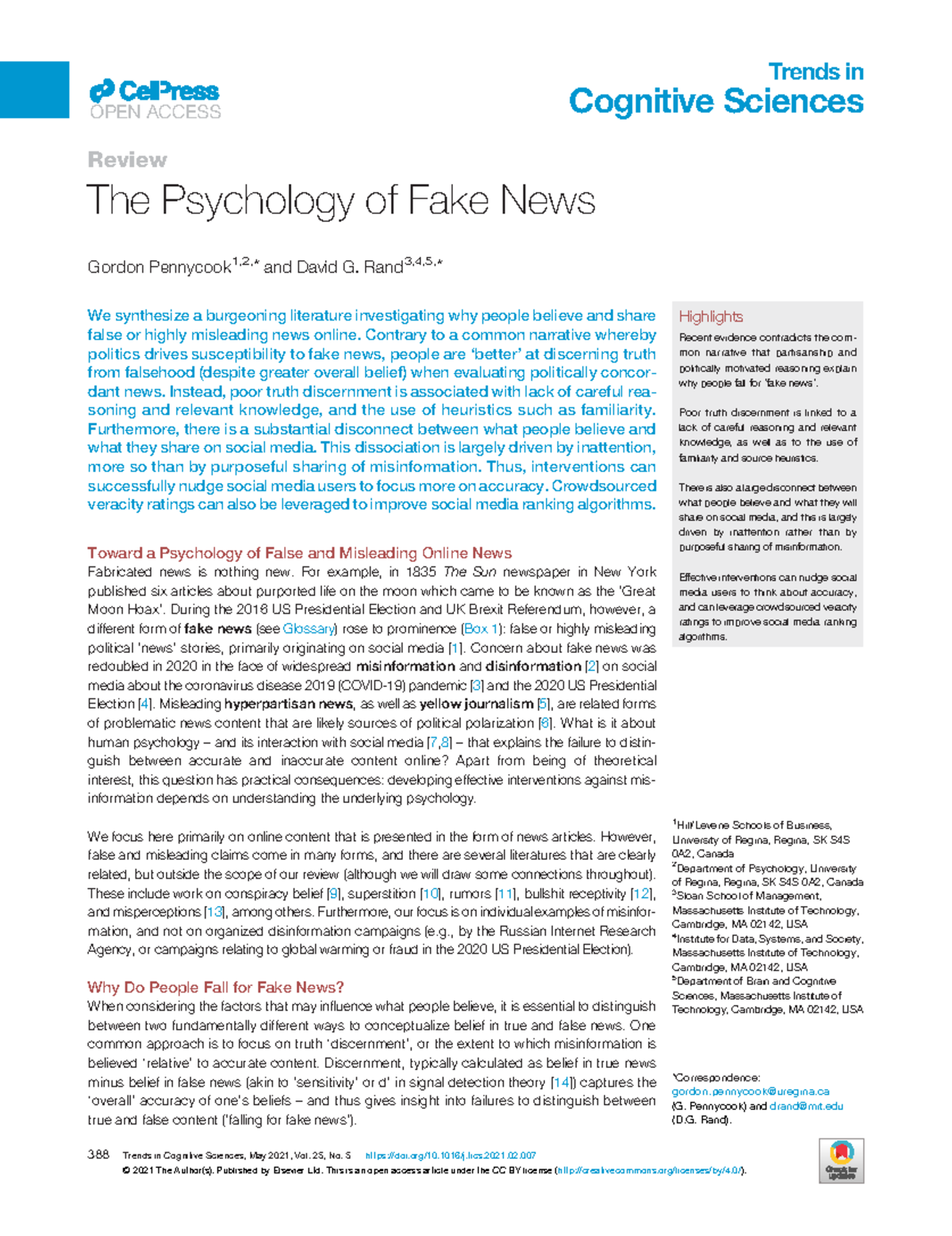 Pennycook & Rand - The psychology of fake news - Review The Psychology ...