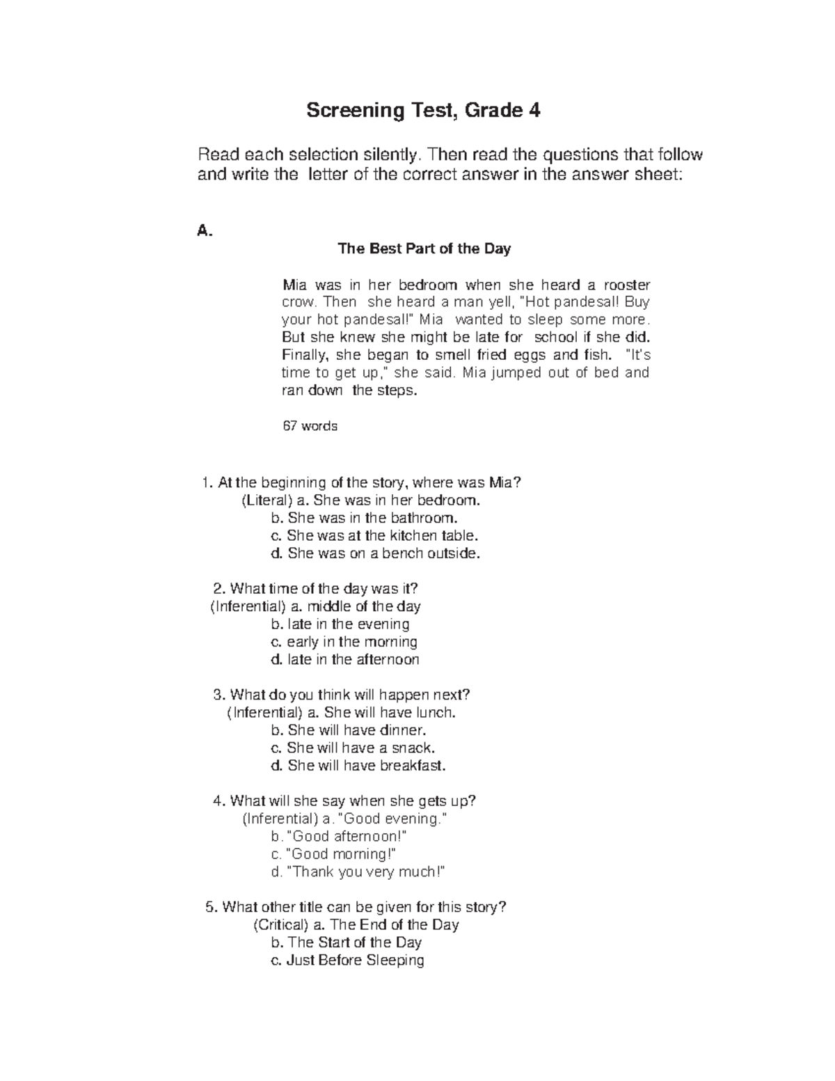 GST Phil IRI English Screening Test - Screening Test, Grade 4 Read each ...