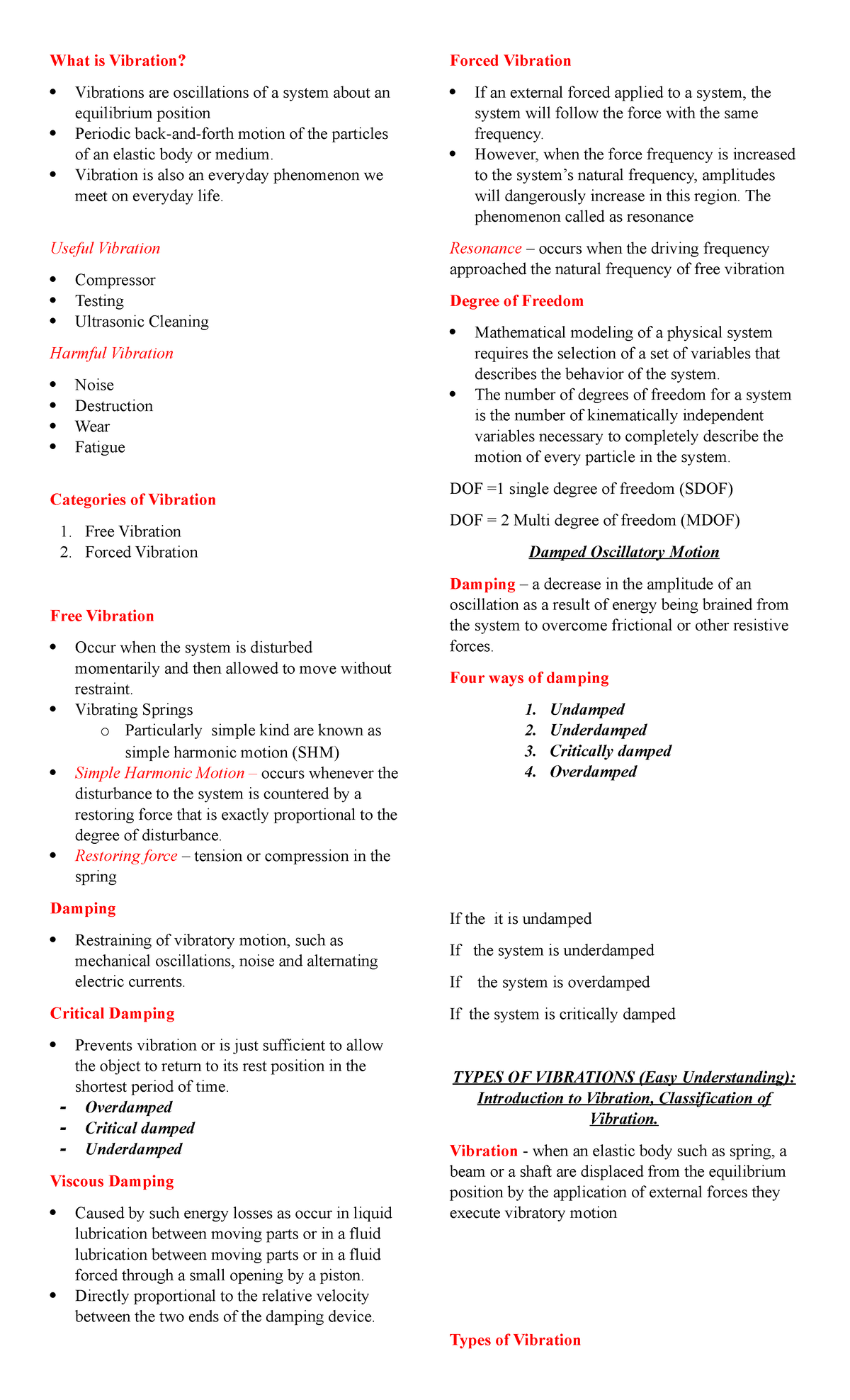 Vibration Notes - What is Vibration? Vibrations are oscillations of a ...