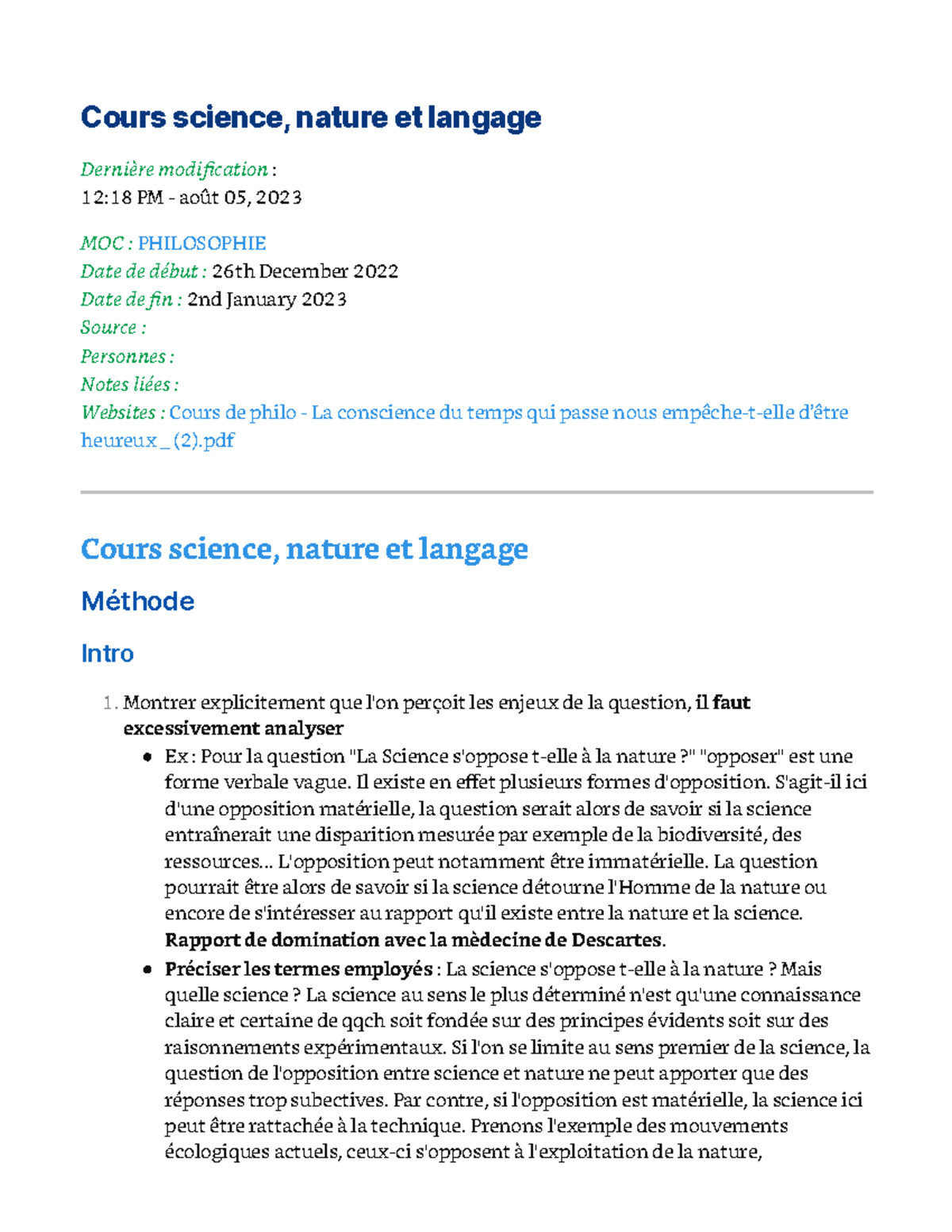 Cours science, nature et langage - Dernière modication : 12:18 PM - août 05, 2023 MOC ...