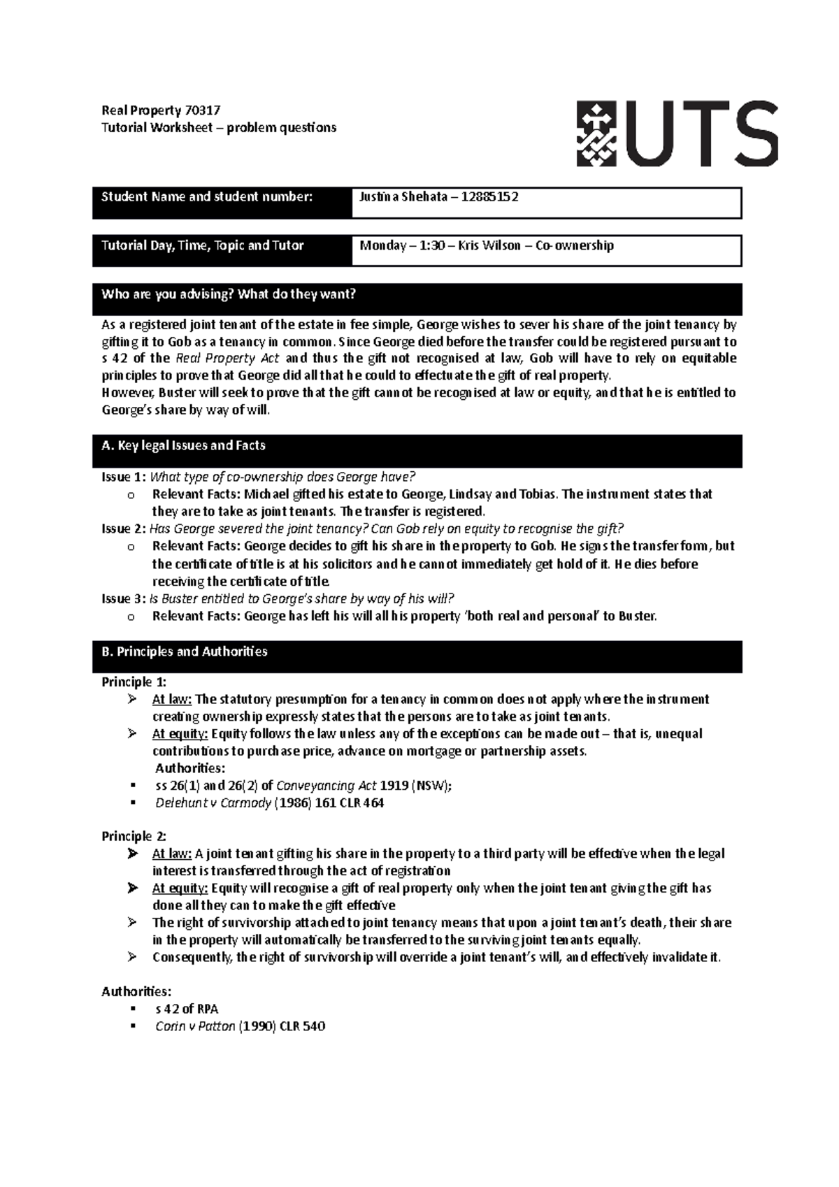 Tutorial 3 Problem Scenario Co-ownership IRAC - Real Property 70317 ...