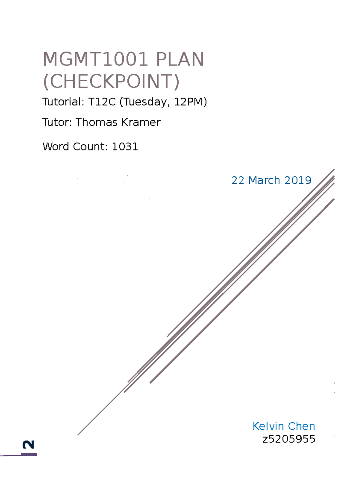 MGMT1001 Plan (Checkpoint) - MGMT1001 PLAN (CHECKPOINT) Tutorial: T12C ...
