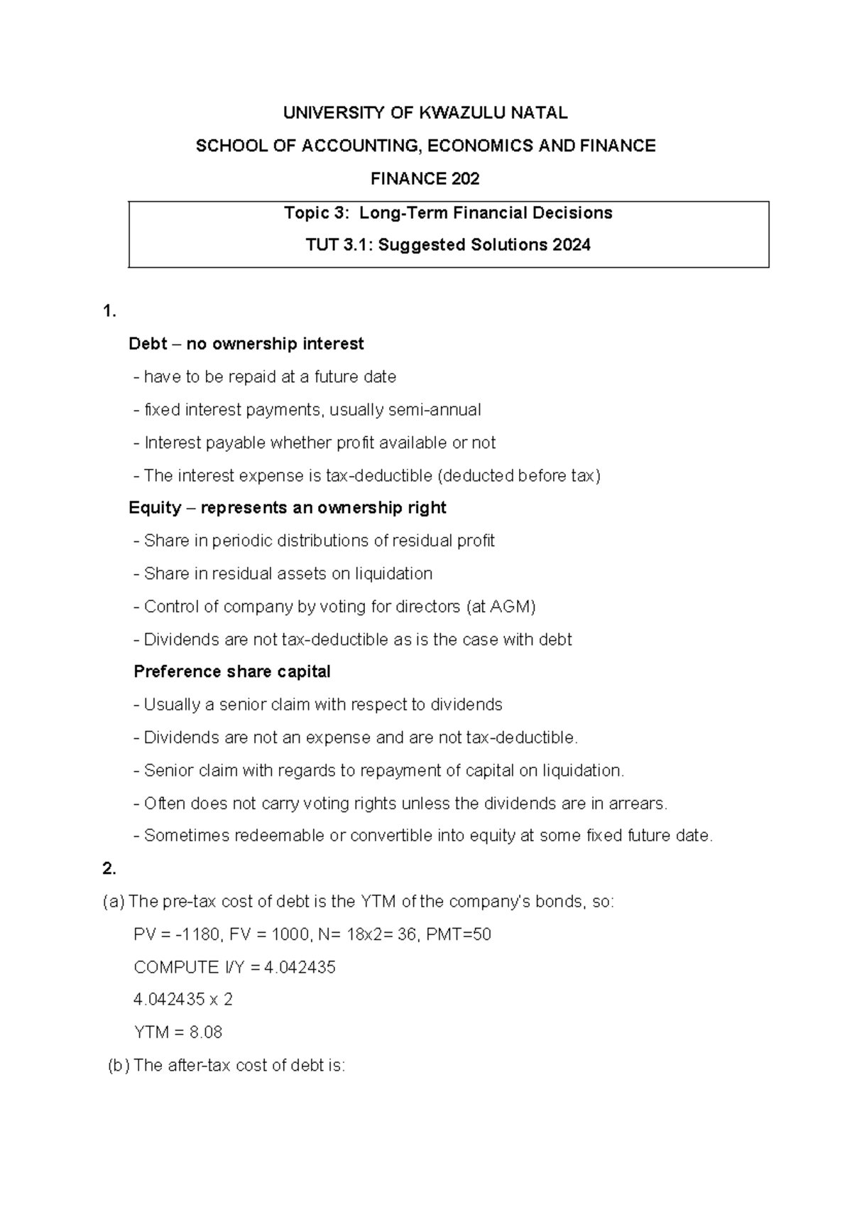FINA202 -TUT 3.1 Suggested Solutions - UNIVERSITY OF KWAZULU NATAL ...