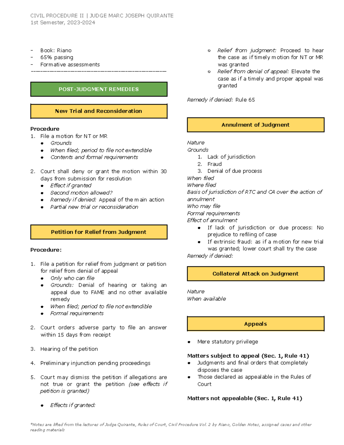Notes - Civ Pro 2 - 1st Semester, 2023- Book: Riano - 65% passing ...