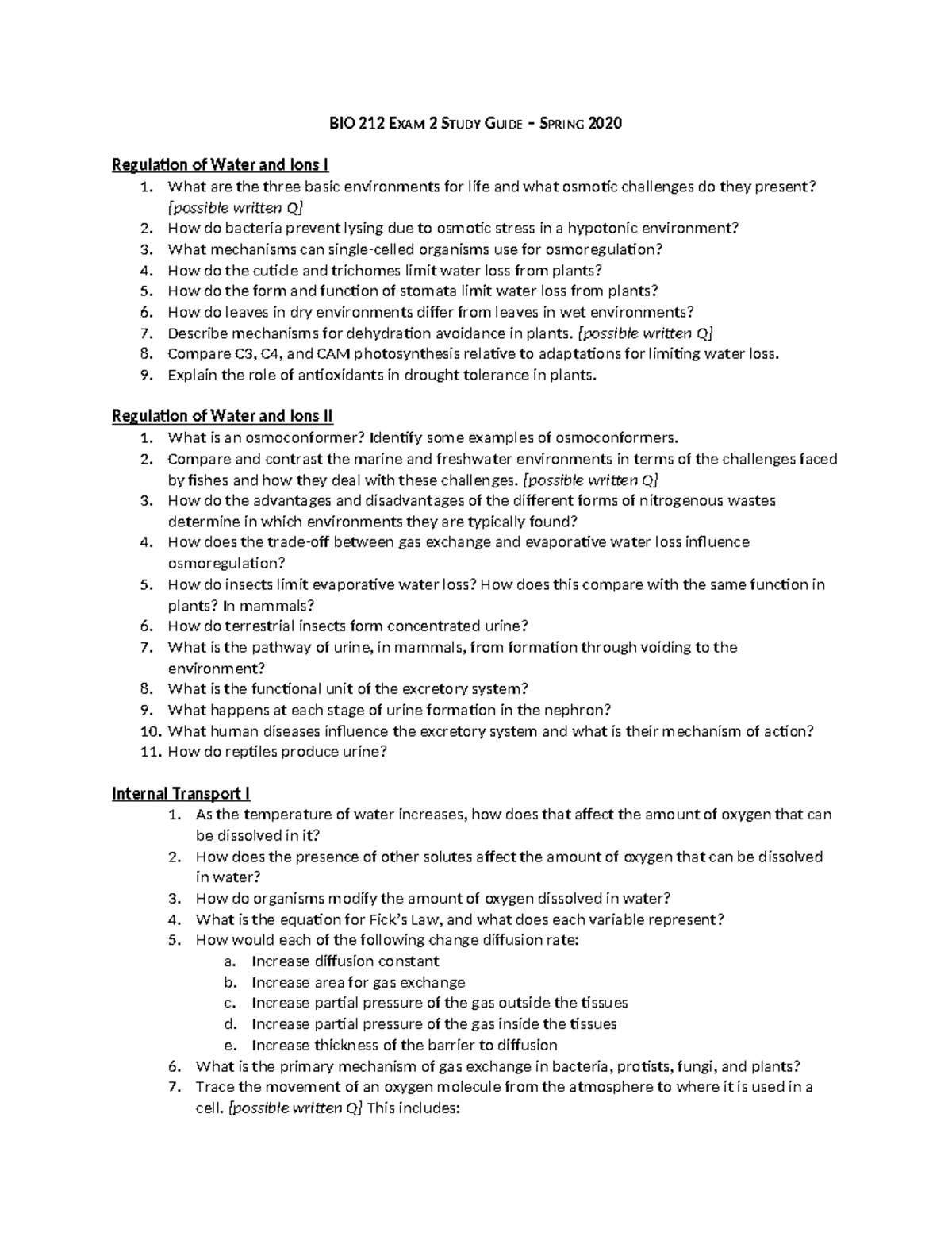 BIO 212 Exam 2 Study Guide - BIO 212 EXAM 2 STUDY GUIDE – SPRING 2020 ...