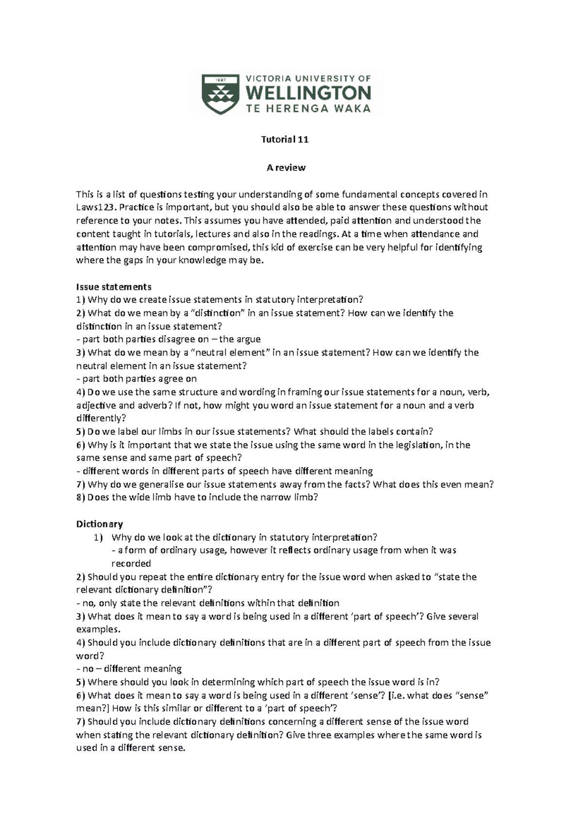 2021 LAWS123 Tutorial 11 - Tutorial 11 A review This is a list of ...