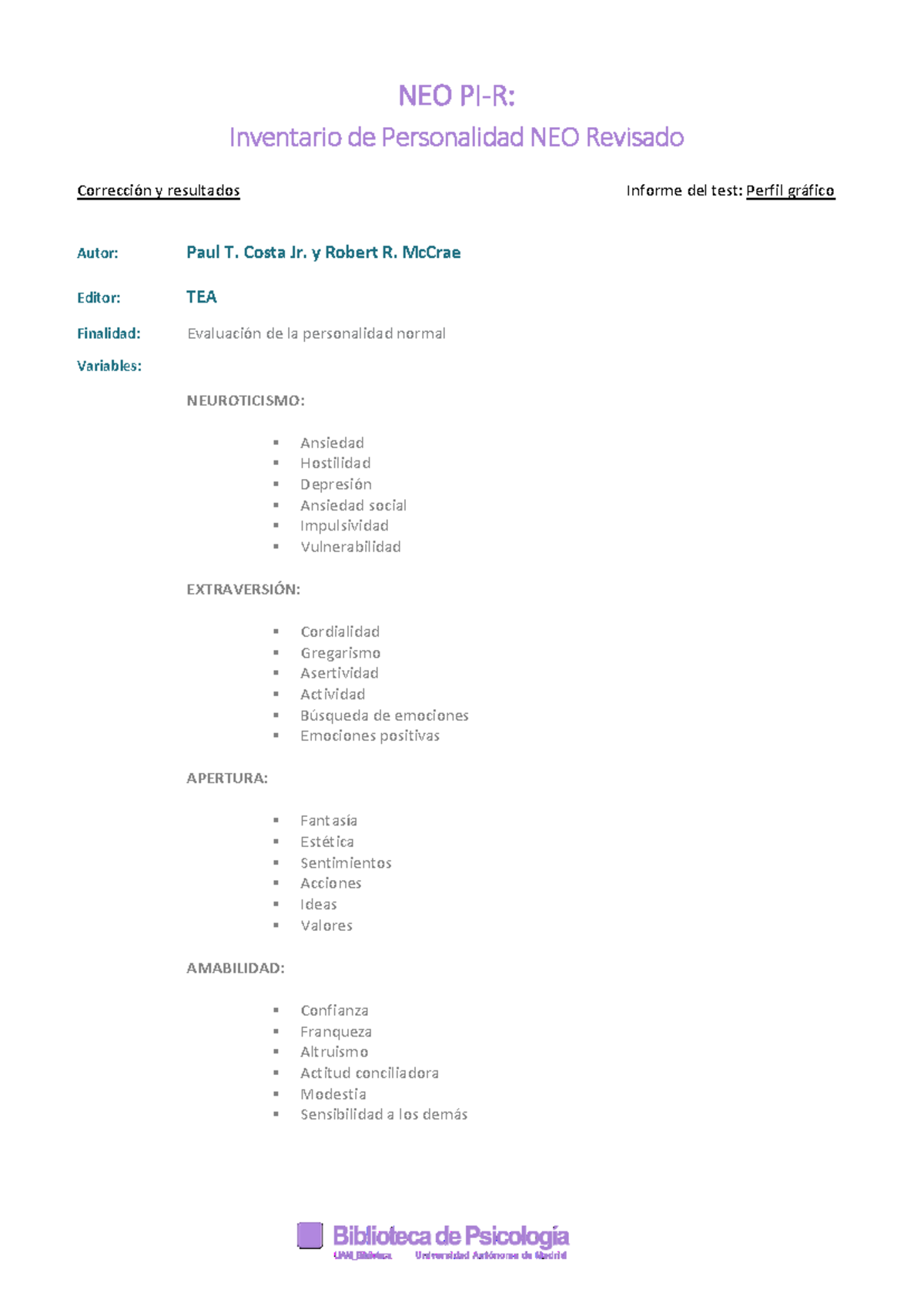 NEO-PI-R - NEO PI-R: Inventario de Personalidad NEO Revisado Corrección ...
