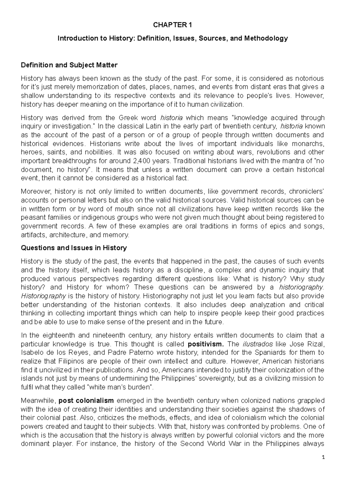 RPH - CHAPTER 1 Introduction to History: Definition, Issues, Sources ...