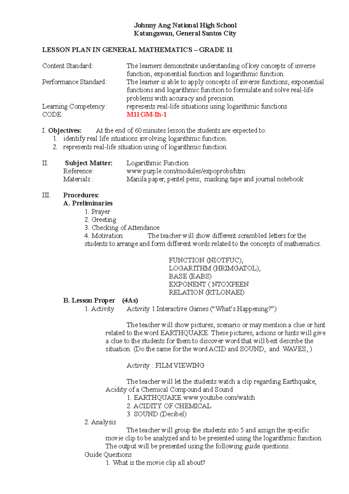 Ih-1 - Math - Johnny Ang National High School Katangawan, General ...