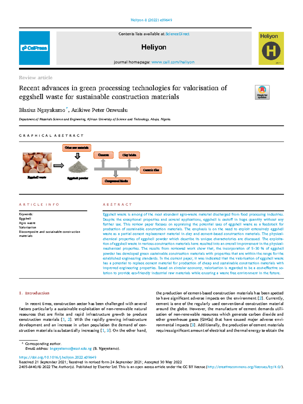 Recent advences in green technologies for valorisation of eggshell ...