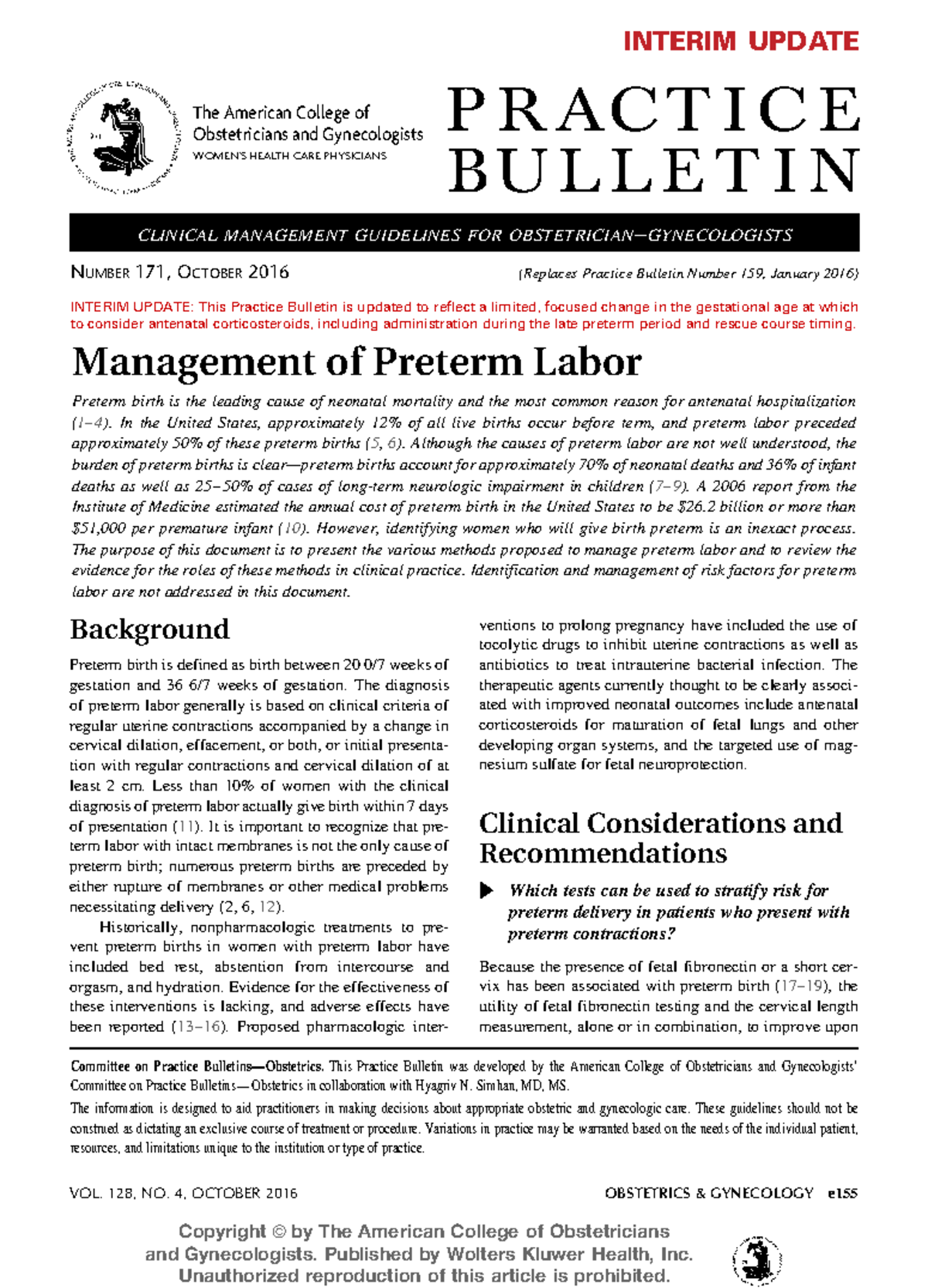 Practice bulletin no 171 2016 - VOL. 128, NO. 4, OCTOBER 2016 ...