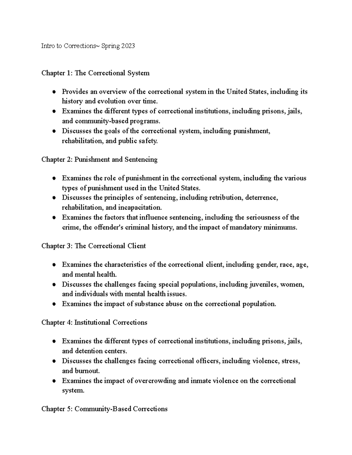 Intro to Corrections~ Spring 2023 - Examines the different types of ...