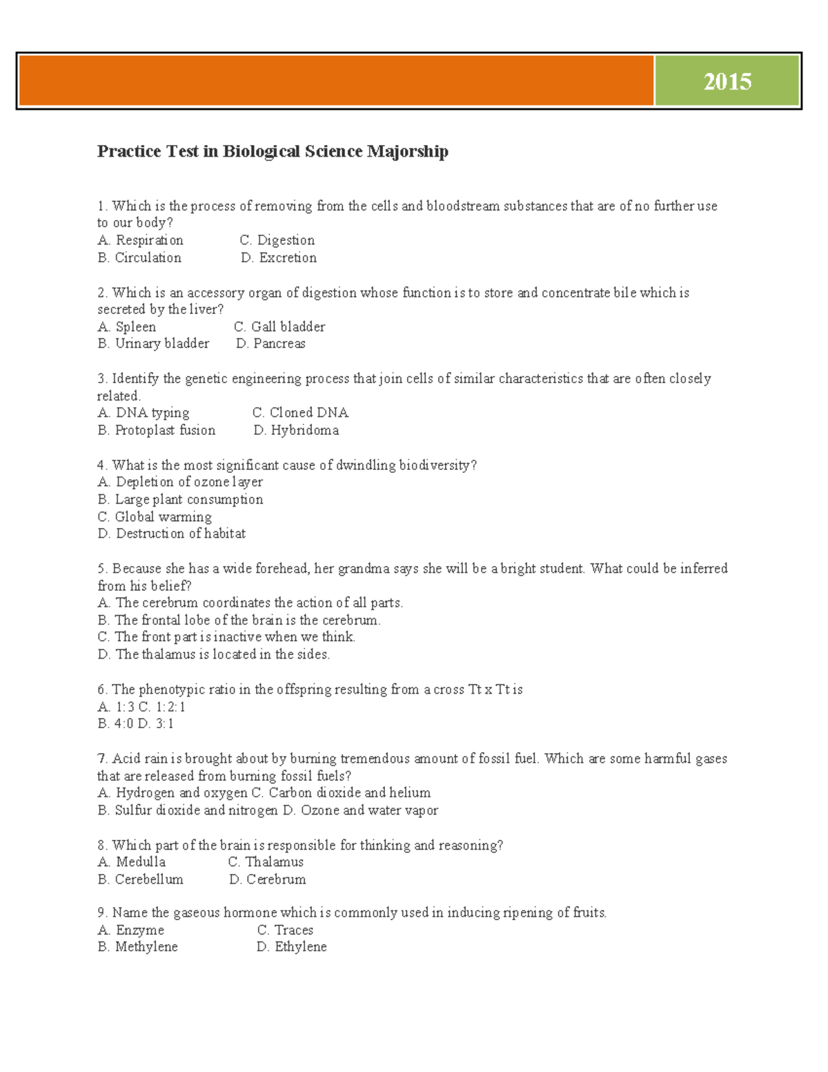 Practice Test 1 İn Biological Science Major 1 - 2015 Practice Test in ...