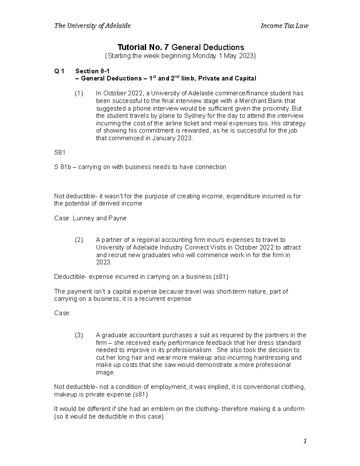 Tutorial No 7 General Deductions 2023, S1 - The University of Adelaide ...
