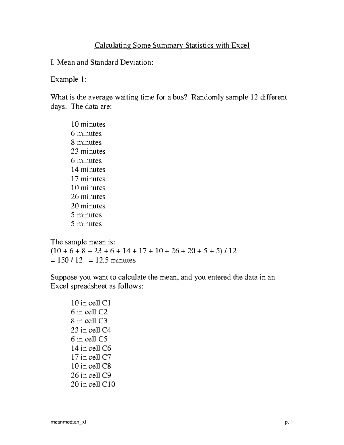 Calculating Some Summary Statistics with Excel - Mean and Standard ...